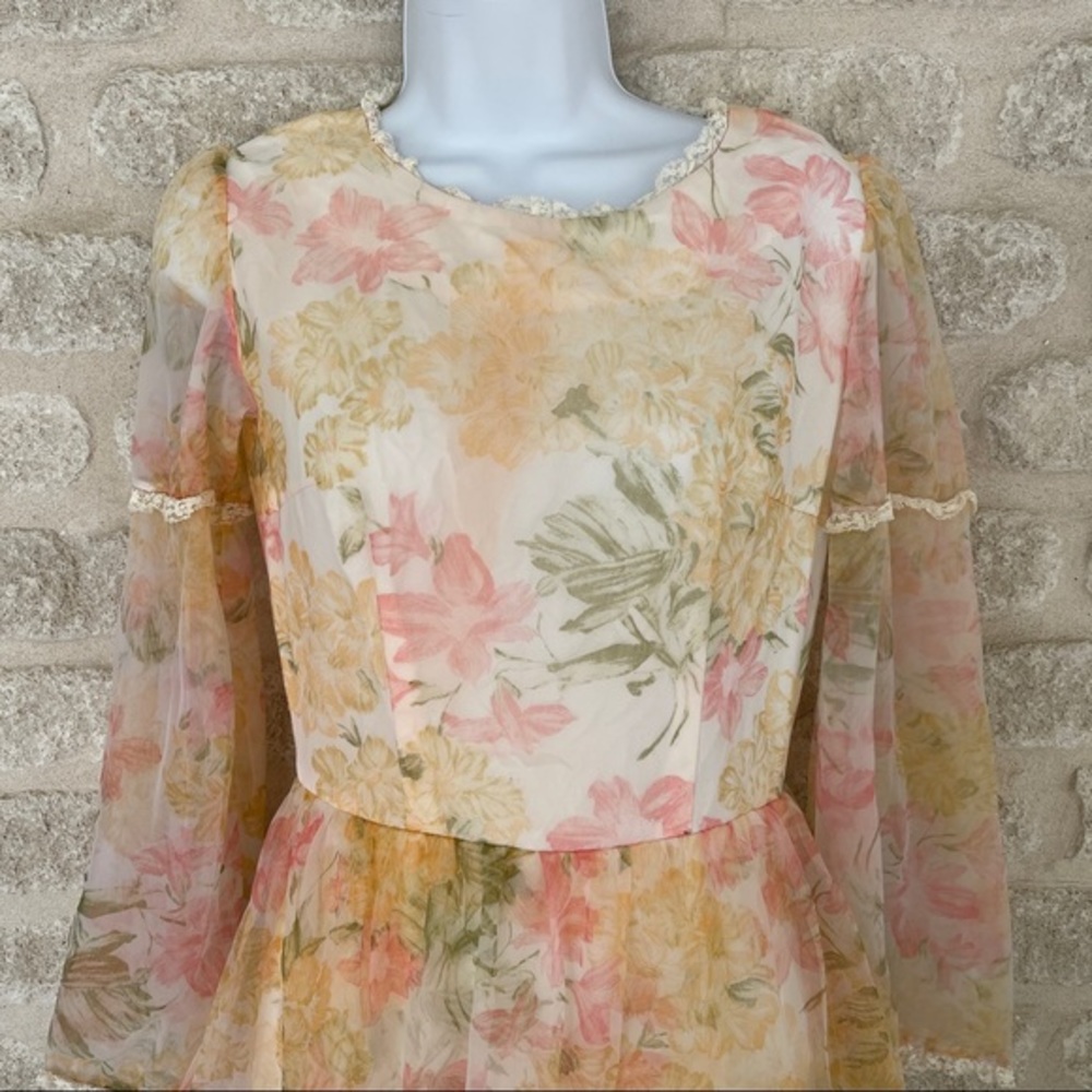 60s Sheer Chiffon Tiered Dress Vintage Floral M - Gem
